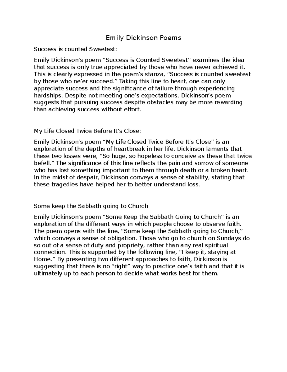 Emily Dickinson Poems Analysis and Insights - Studocu