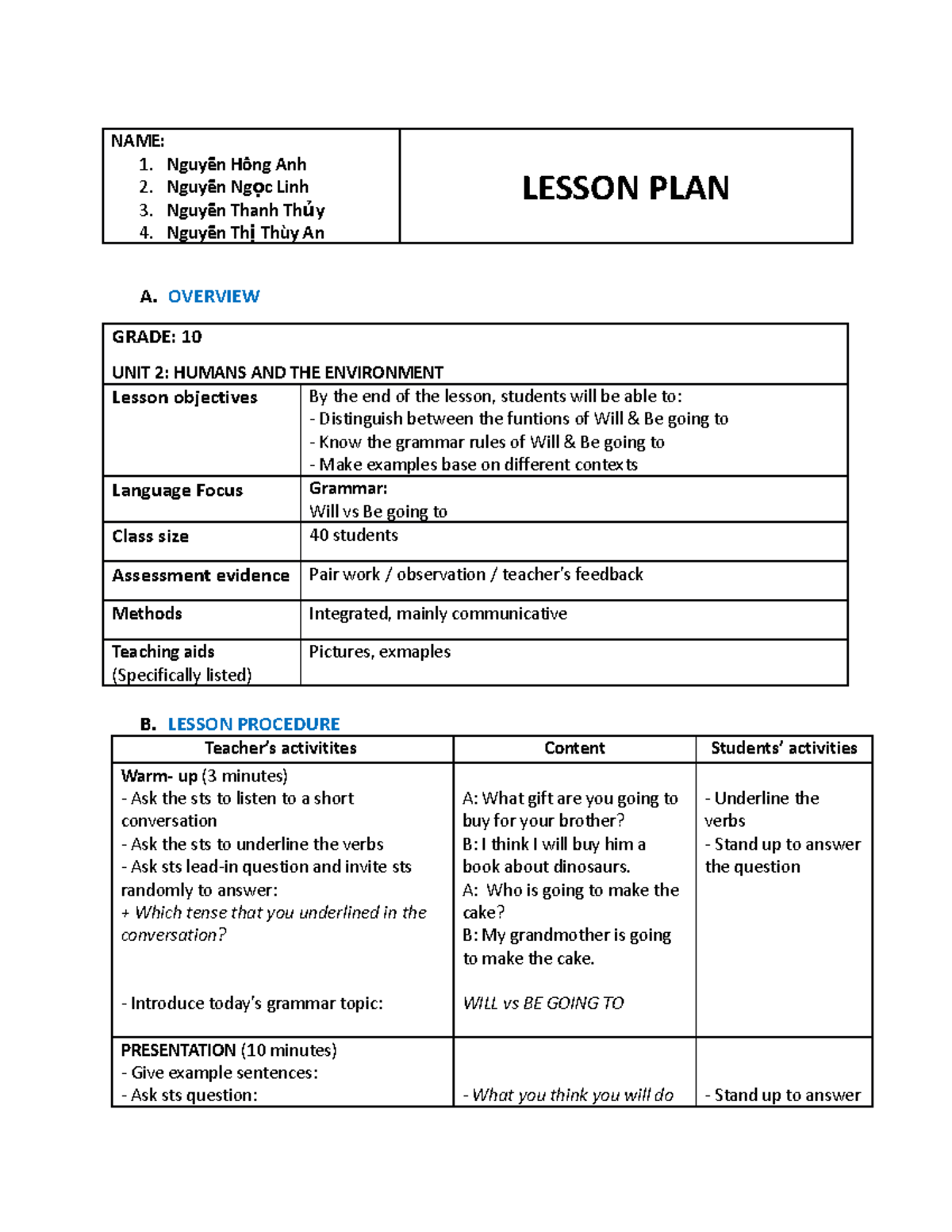 Lesson PLAN 1 - G10: Grammar Focus on Will vs Be Going To - Studocu