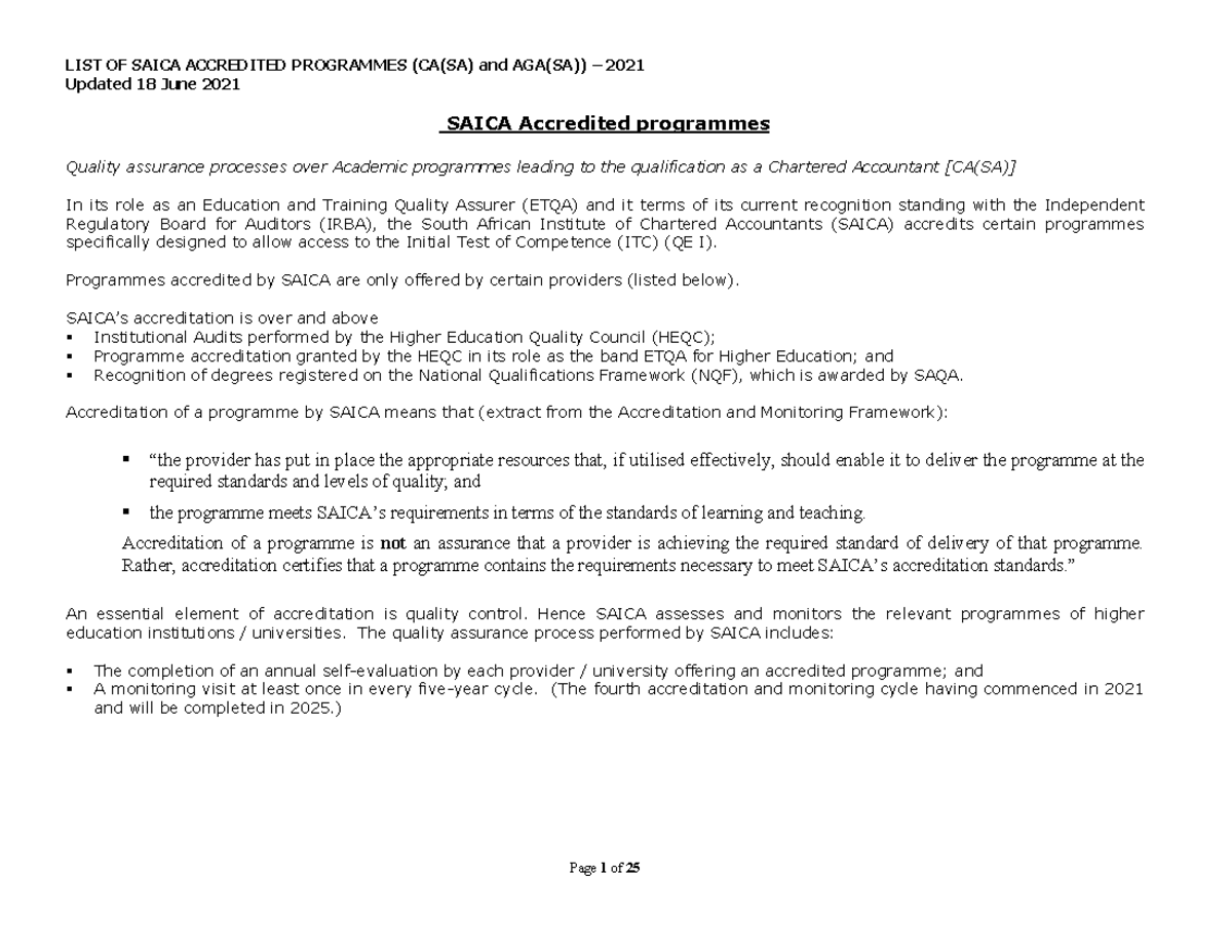 SAICA Accredited Programs Overview 2021: Quality Assurance and Standards - Studocu