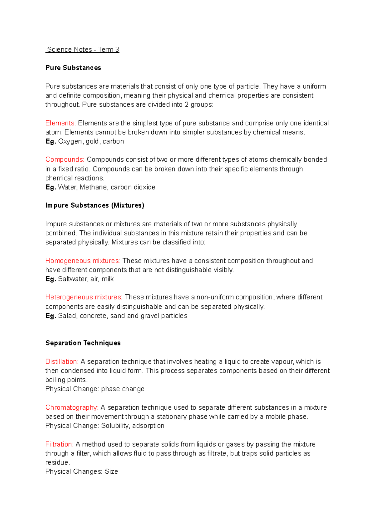 Science Notes Y8: Pure & Impure Substances, Changes, and Resources ...