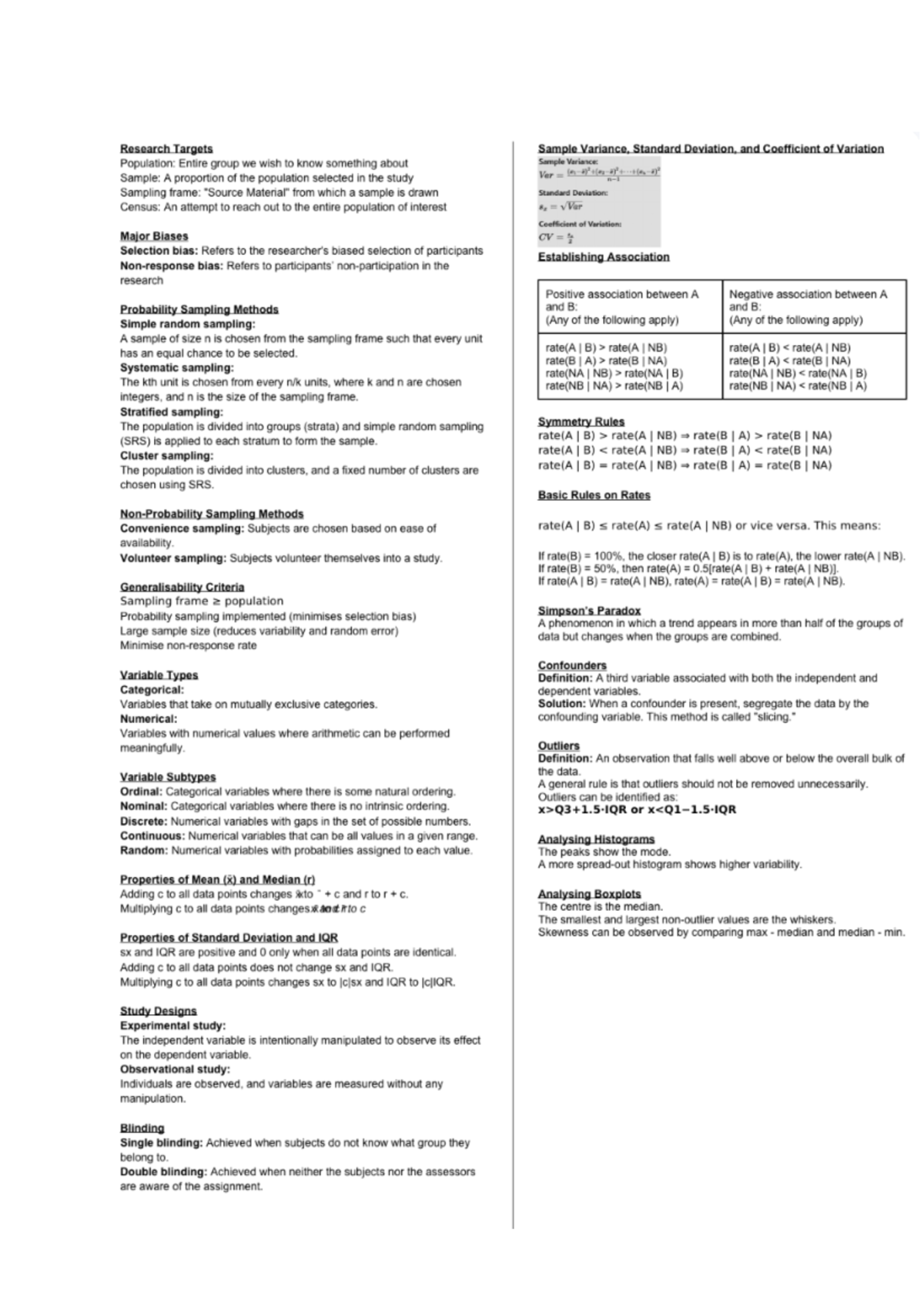 Gea cheatsheet - Research Targets Sample Variance, Standard Deviation ...