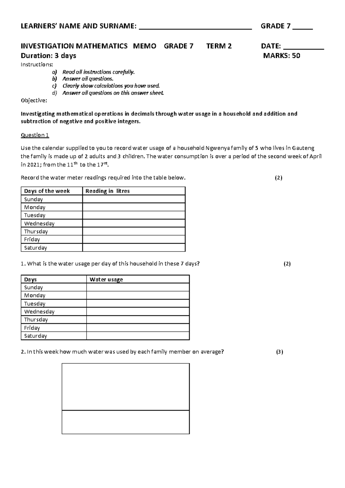 Investigation Assignment for GR 7: Mathematics Term 2 Memo - Studocu