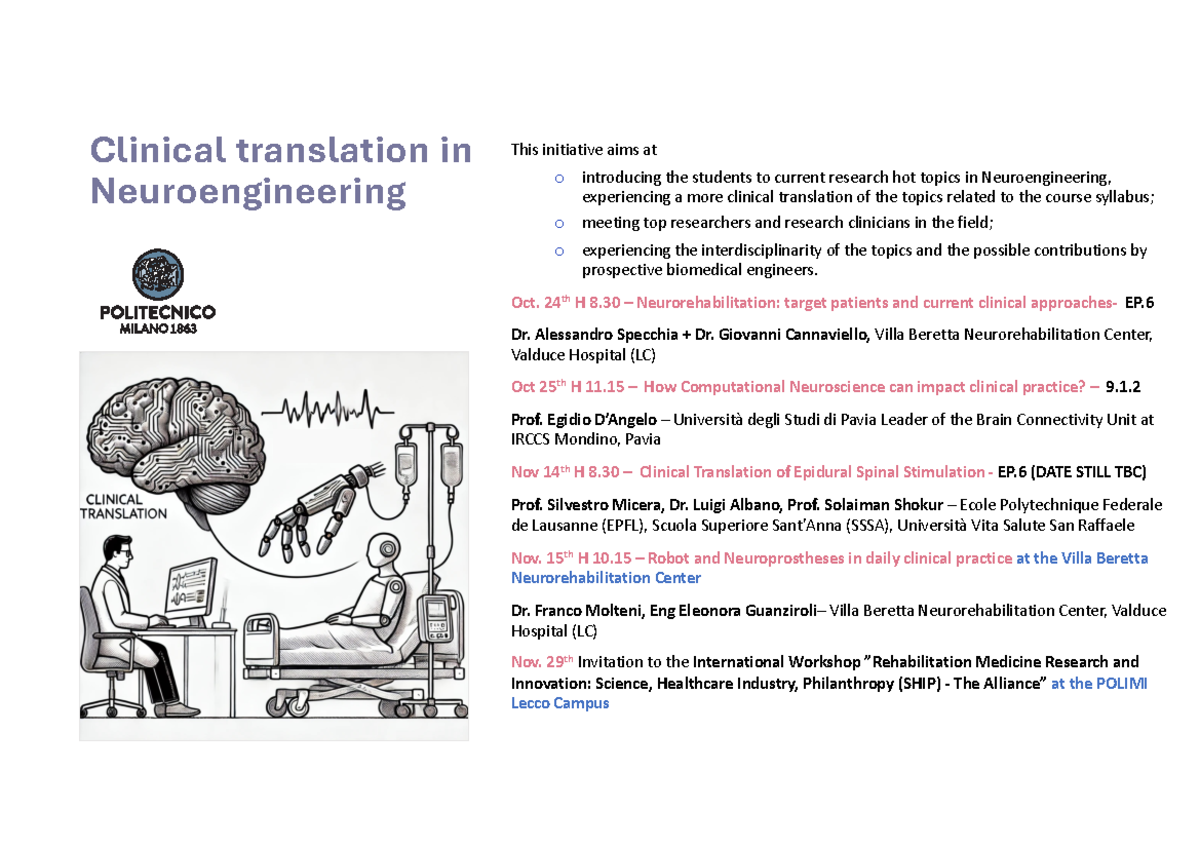 Clinical Translation in Neuroengineering 2024: Meet the Experts - Studocu