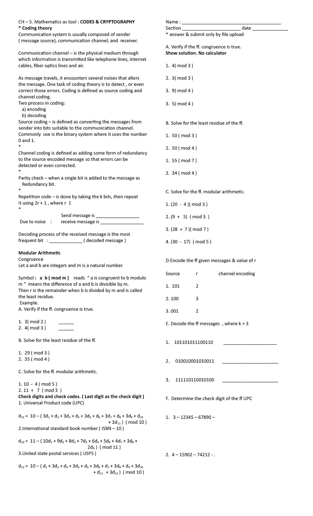 HO CH 5 Codes Exercise - CH – 5. Mathematics as tool : CODES ...
