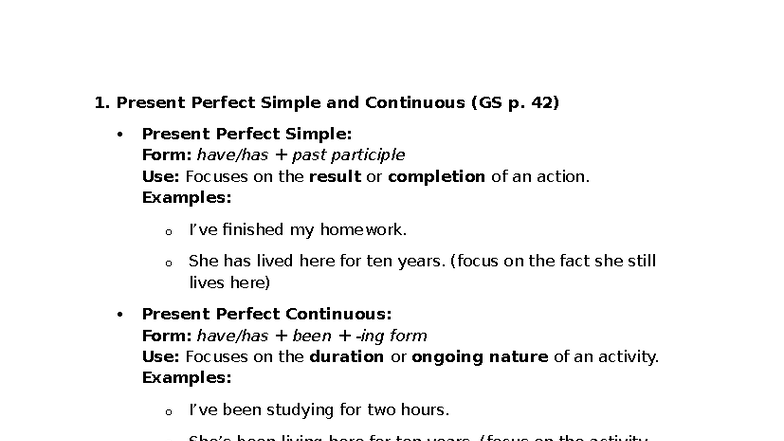 Summary of Unit 2: Present Perfect & Prepositions (ENG GS) - Studocu