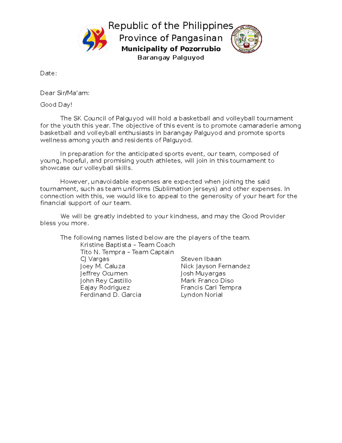 SK Council Tournament Financial Support Solicitation Letter - Studocu