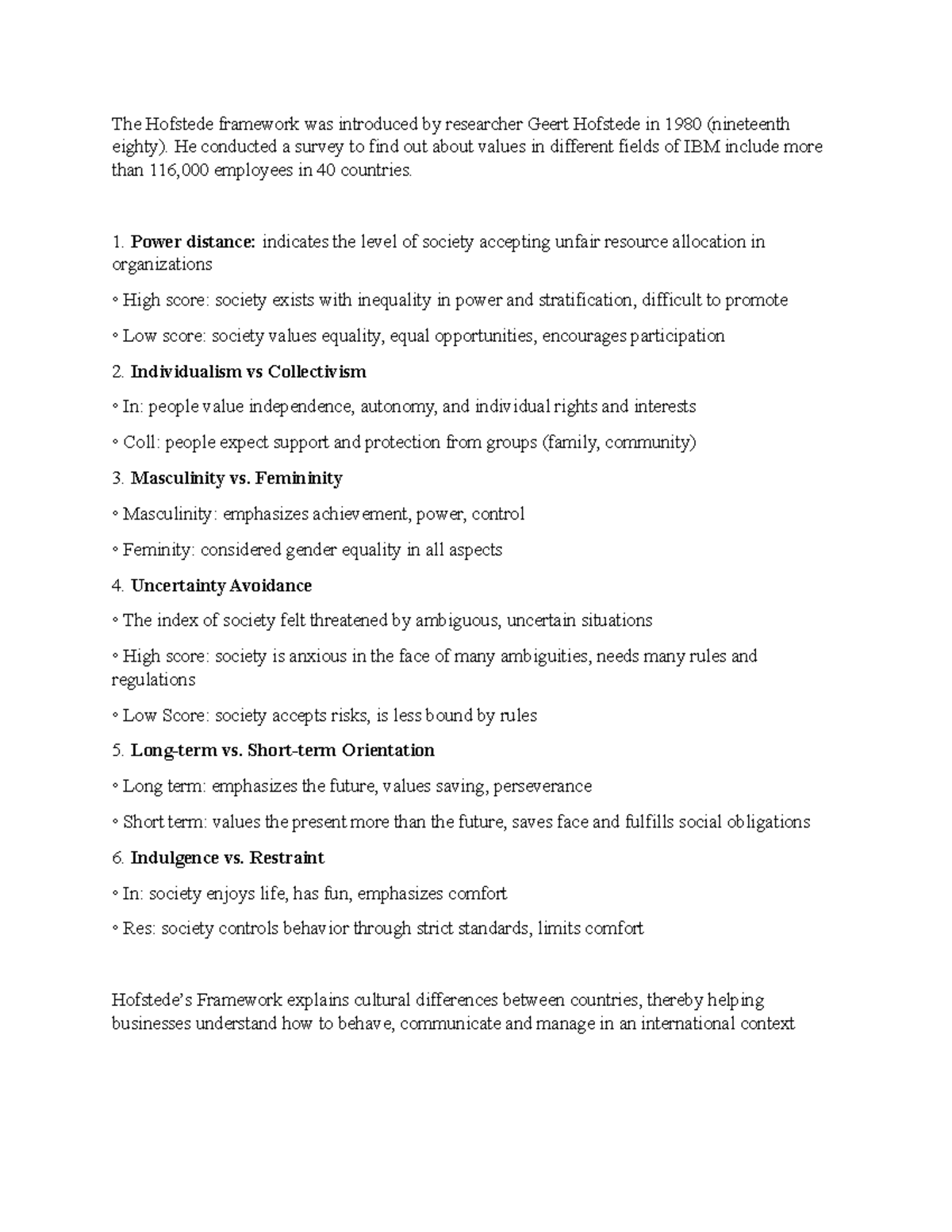 HOF 101: Understanding the Hofstede Cultural Dimensions Framework - Studocu