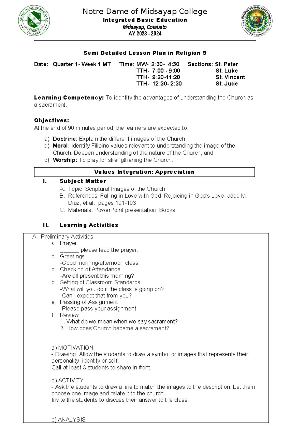 Semi-Detailed Lesson Plan in Religion 9: Scriptural Images of the ...