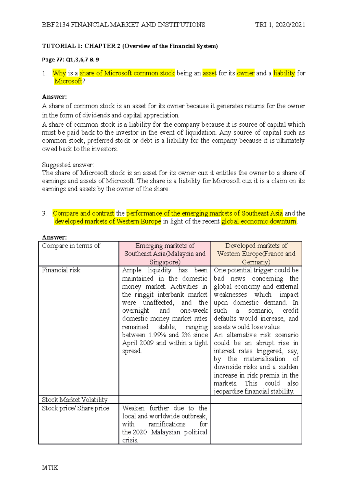 Fin Market Tutorial 1 ans - TUTORIAL 1: CHAPTER 2 (Overview of the ...