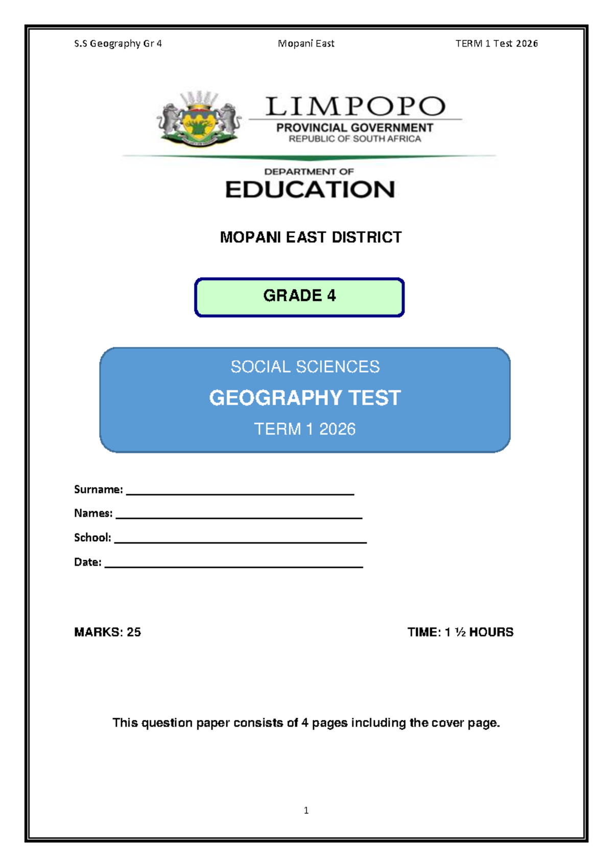 Grade 4 Social Sciences Geography Test Term 1 2026 - Studocu