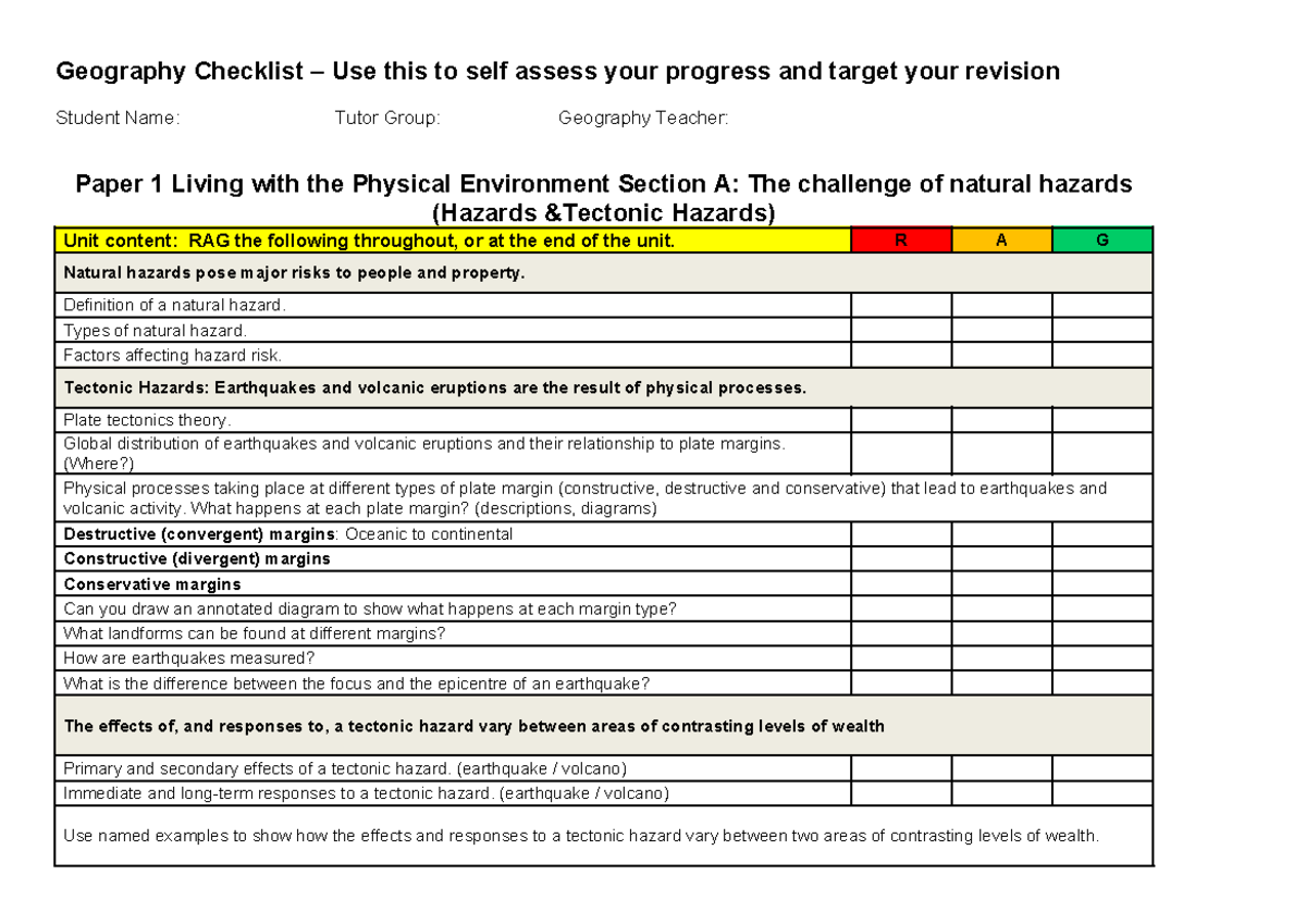 Geography GCSE Revision Checklist AQA Paper 1: Living with Natural ...