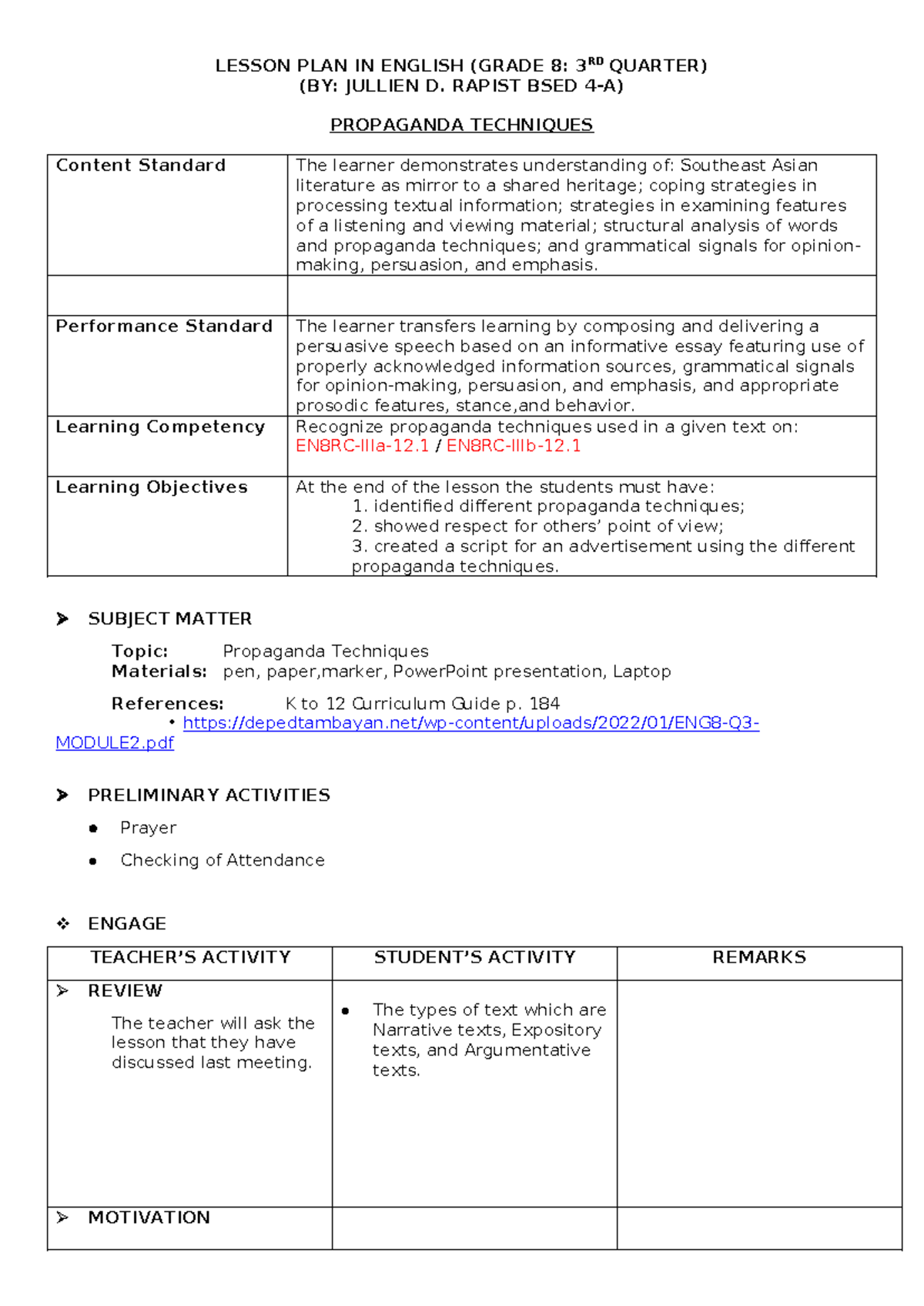 Grade 8: Lesson Plan on Propaganda Techniques (3rd Quarter) - Studocu