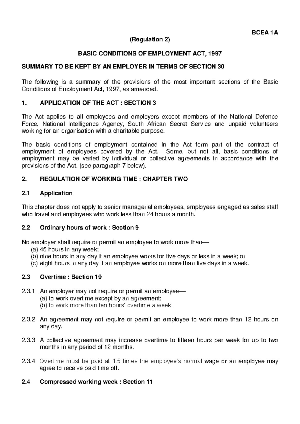 BCEA 1A Summary of the Basic Conditions of Employment Act, 1997 - Studocu