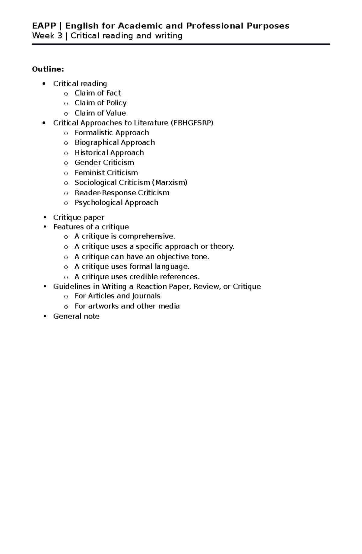 Notes EAPP W3 - Lesson Summary for W3 - Week 3 | Critical reading and ...