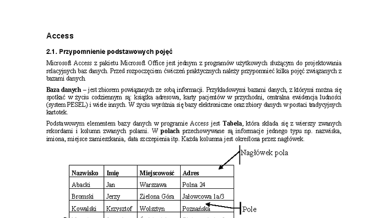 Access cwiczena - Ćeiczenia - Access 2. Przypomnienie podstawowych ...