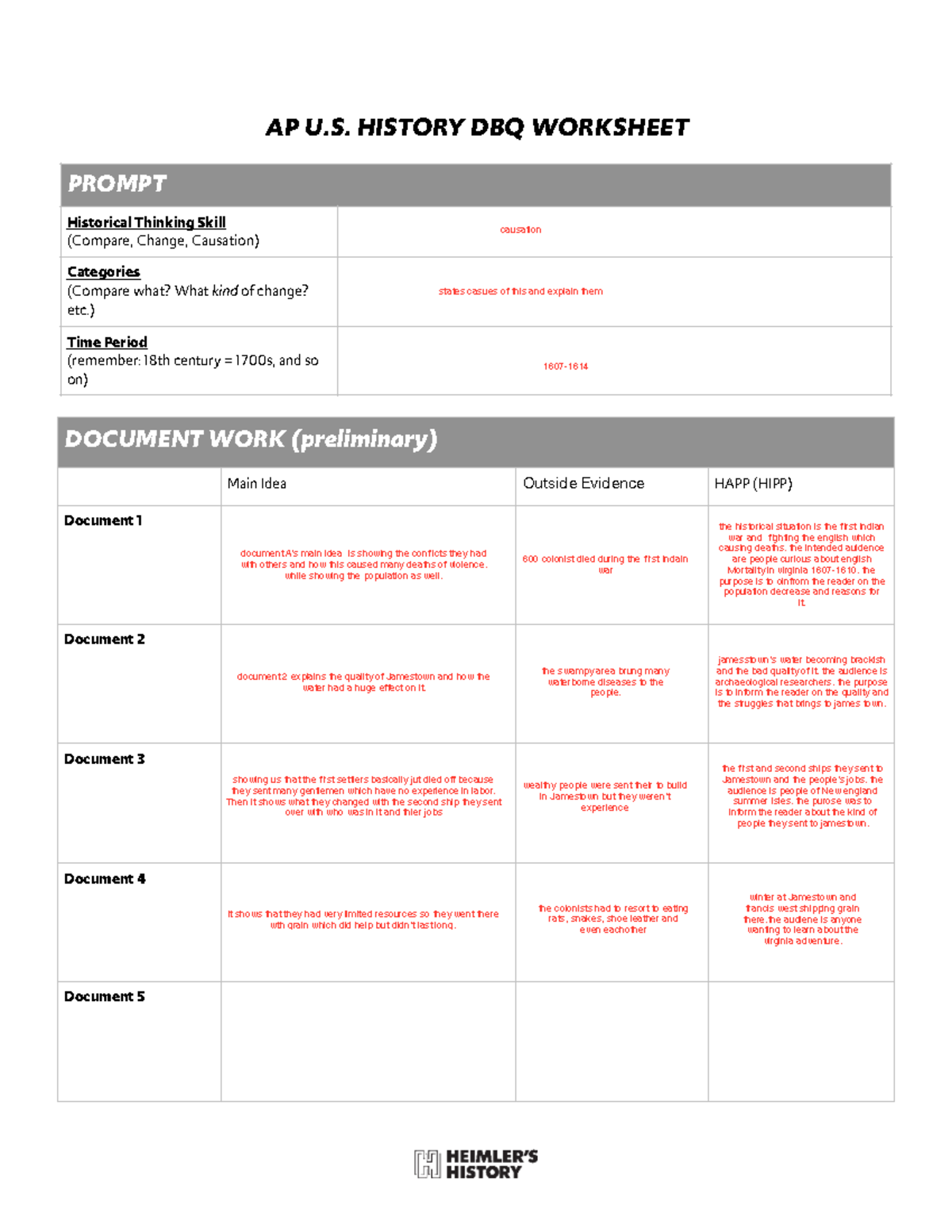 APUSH DBQ Worksheet: Analyzing Jamestown's Struggles and Changes - Studocu