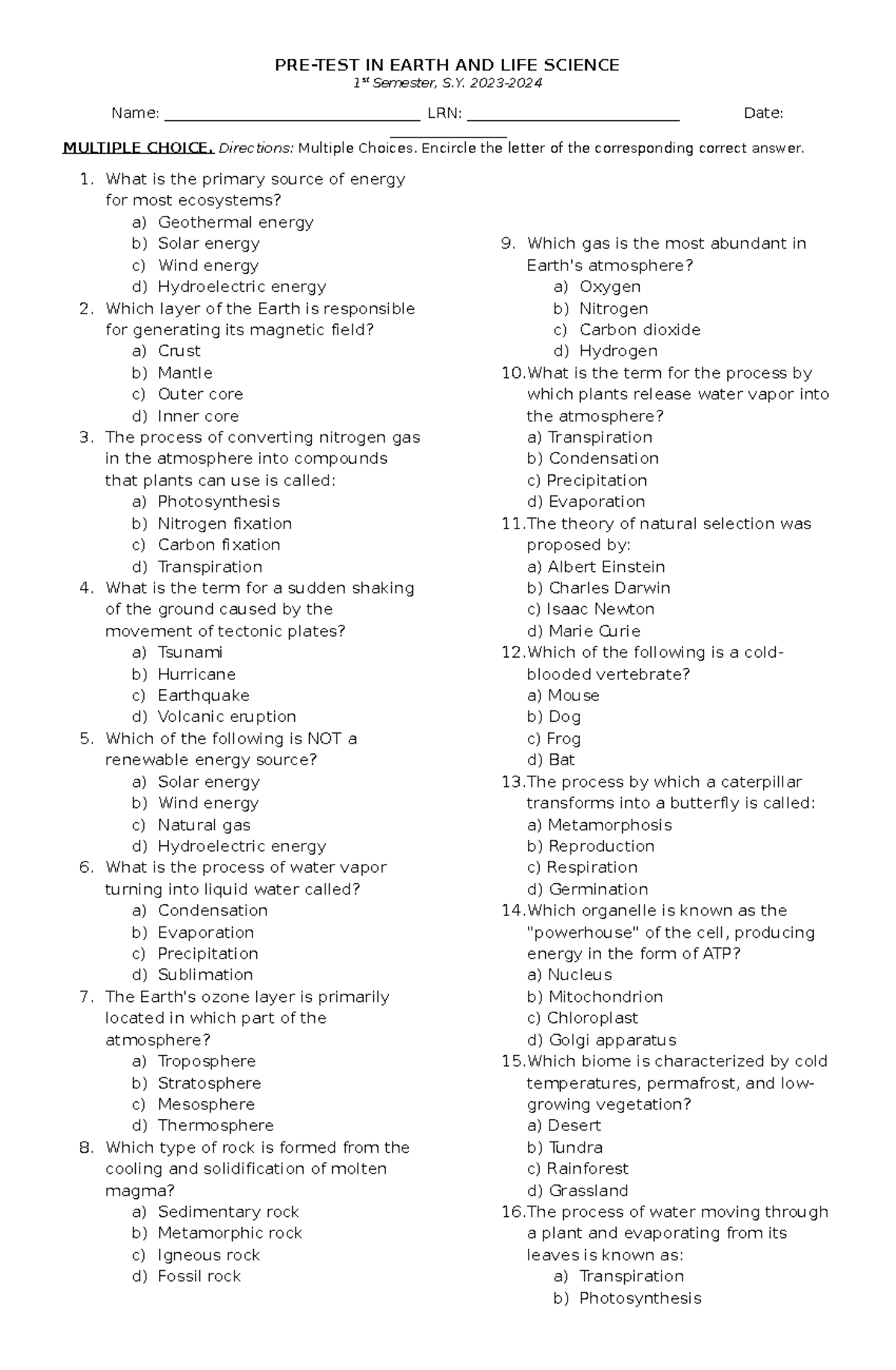 ELS-Pretest - Pre-test Sample Items - PRE-TEST IN EARTH AND LIFE ...