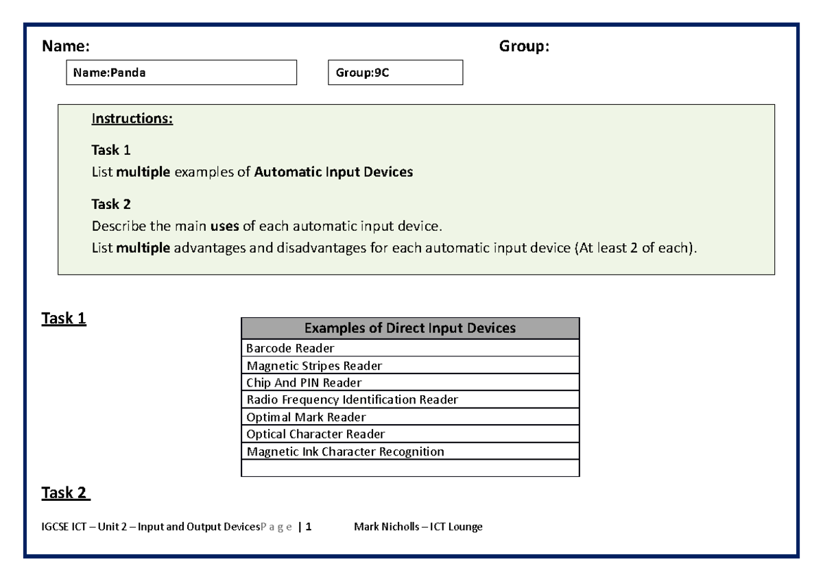 Direct input devices worksheet - Task 1 Task 2 Instructions: Task 1 List multiple examples of ...