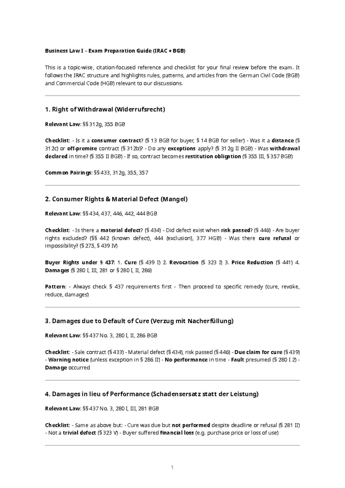 Business Law I Final Exam IRAC Review Guide (BGB, HGB) - Studocu