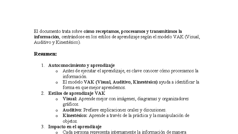 Resumen del modelo VAK y estilos de aprendizaje 4o m1l2 - Studocu