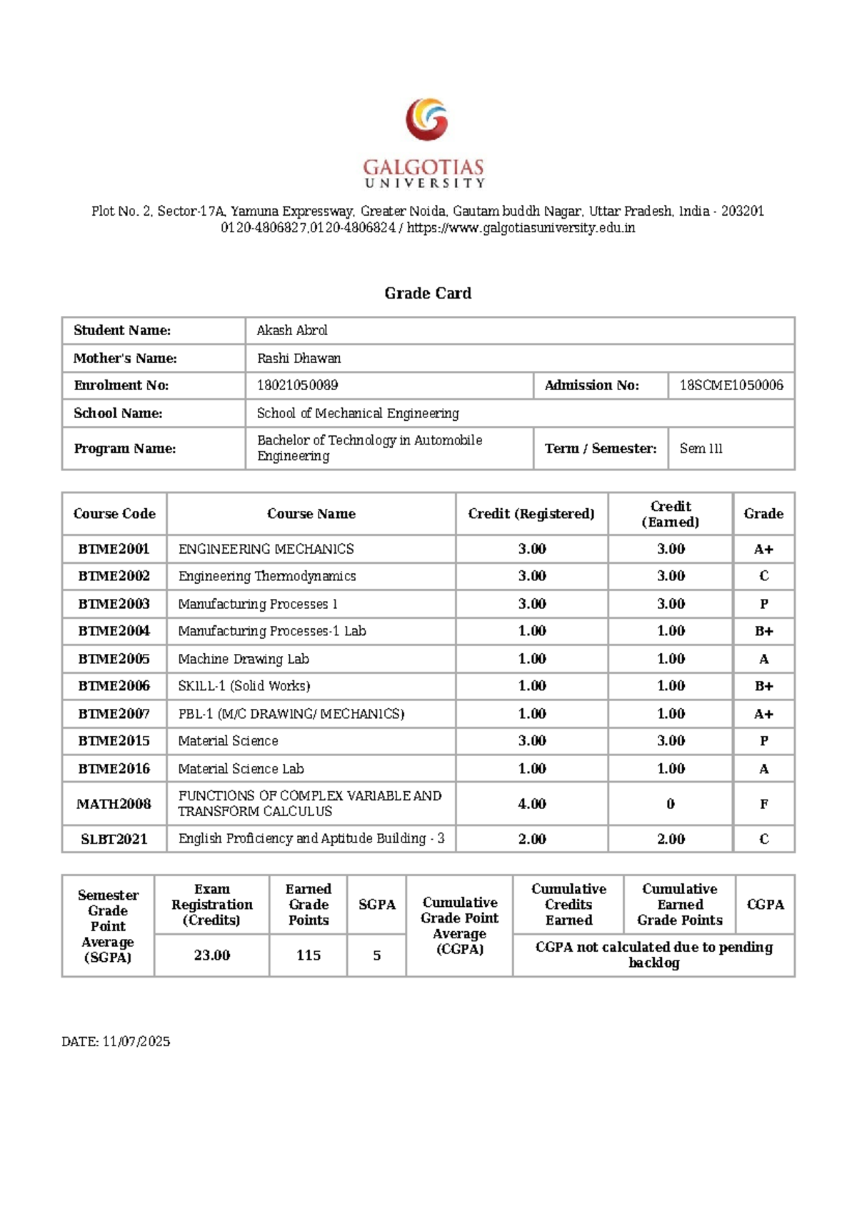 Grade Card for B.Tech in Automobile Engineering (BTME Sem 3) - Studocu