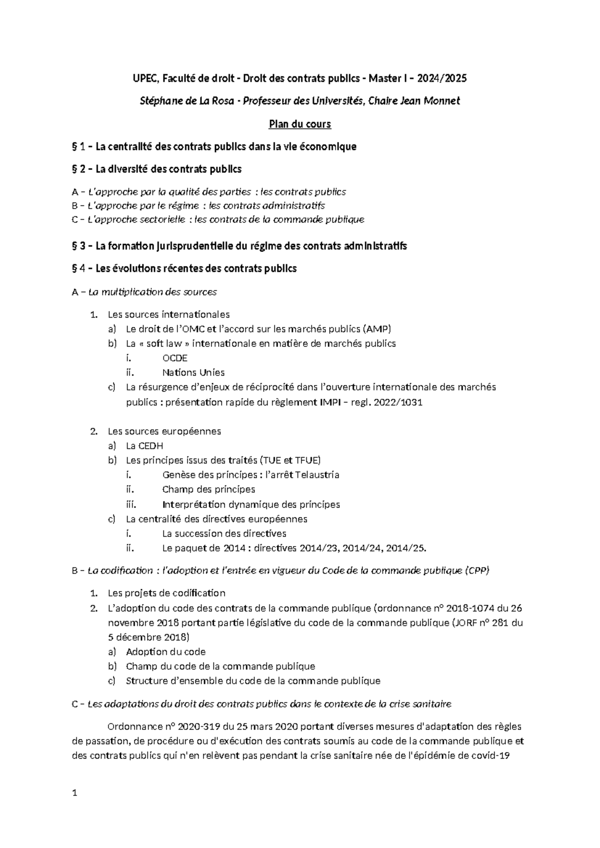 Plan de Cours M1 Droit des Contrats Publics 2024-2025 - Studocu