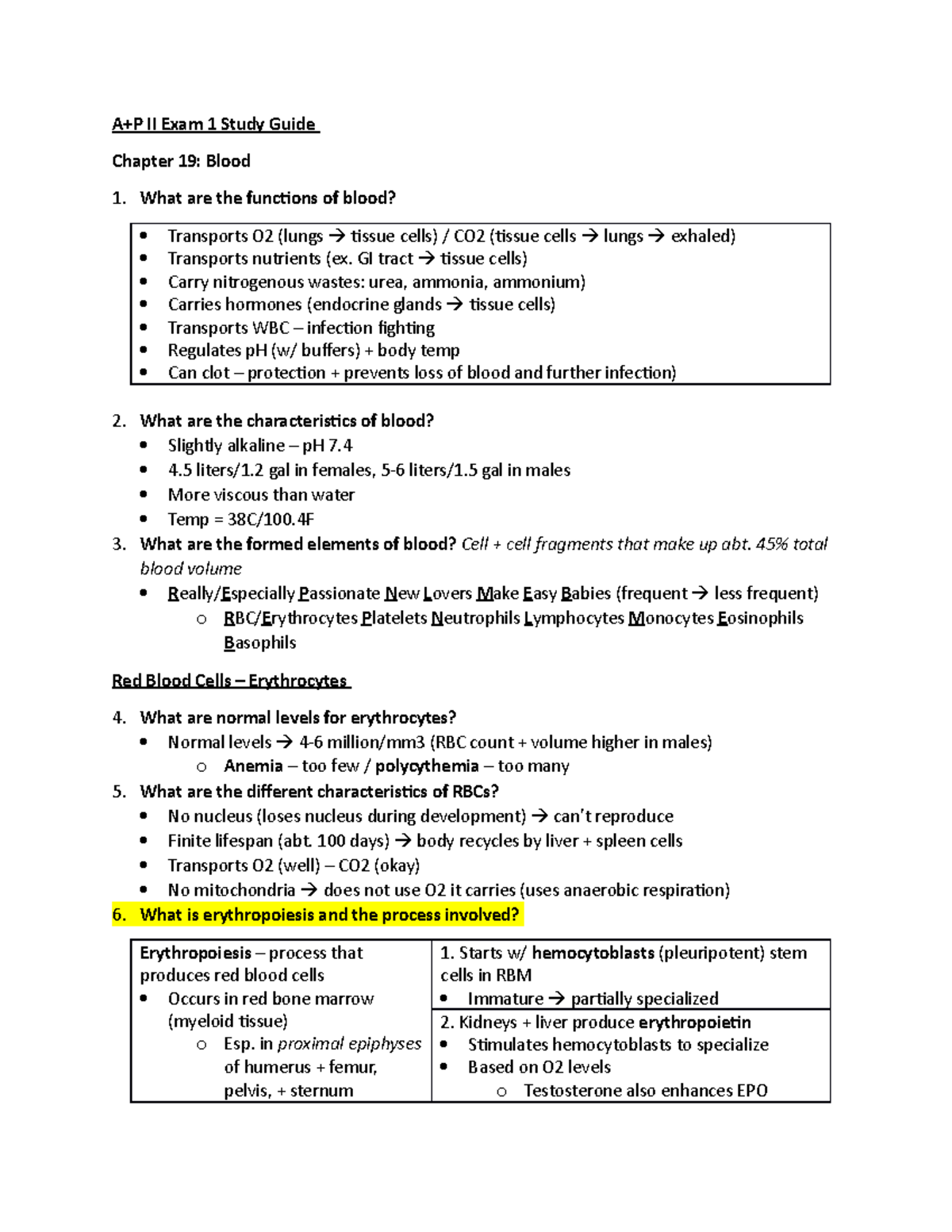 A+P II Exam 1 Study Guide: Blood Functions, Erythropoiesis, & Heart ...