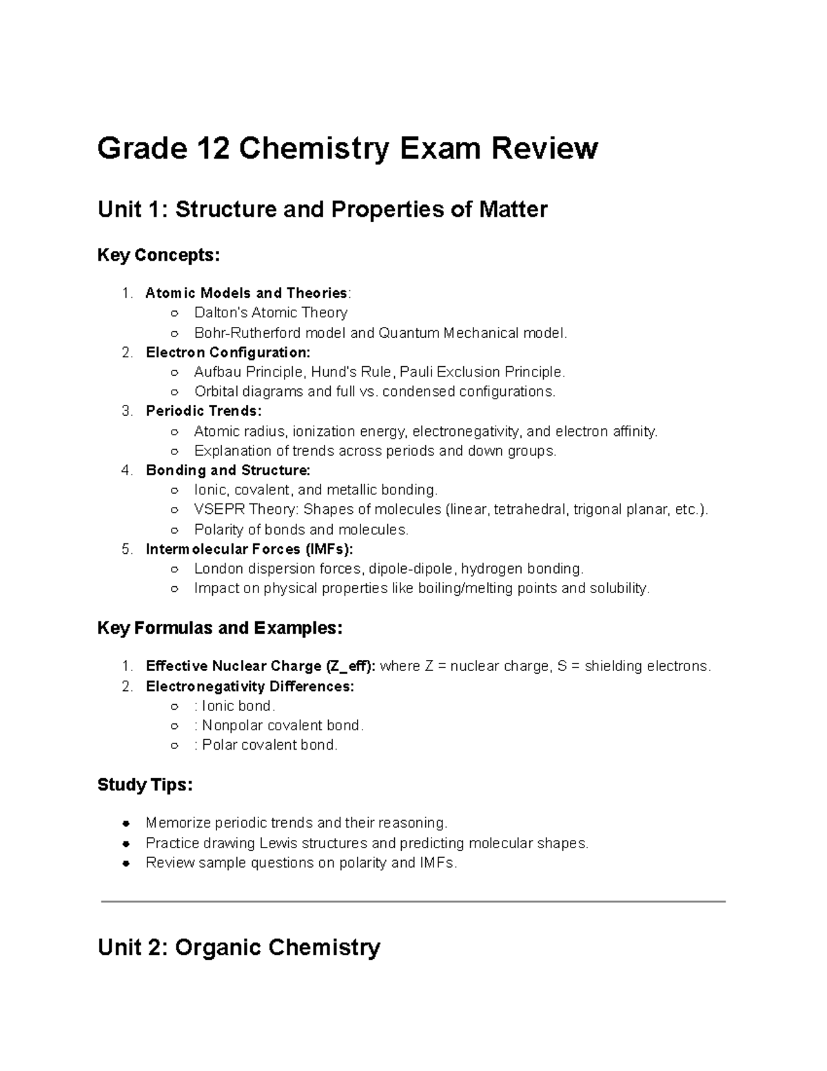 Grade 12 Chemistry Final Exam Review: Key Concepts and Tips - Studocu