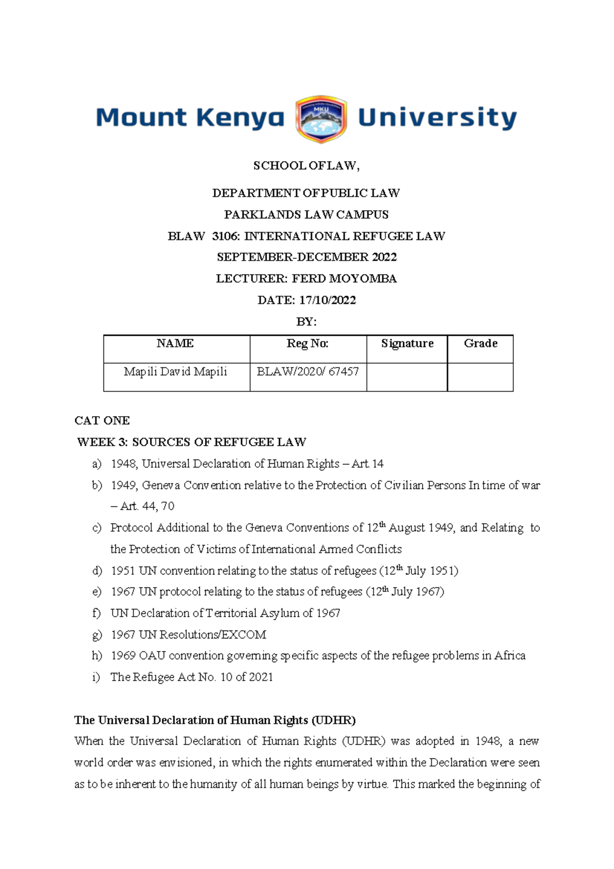 BLAW 3106: Lecture Notes on International Refugee Law (2022) - Studocu
