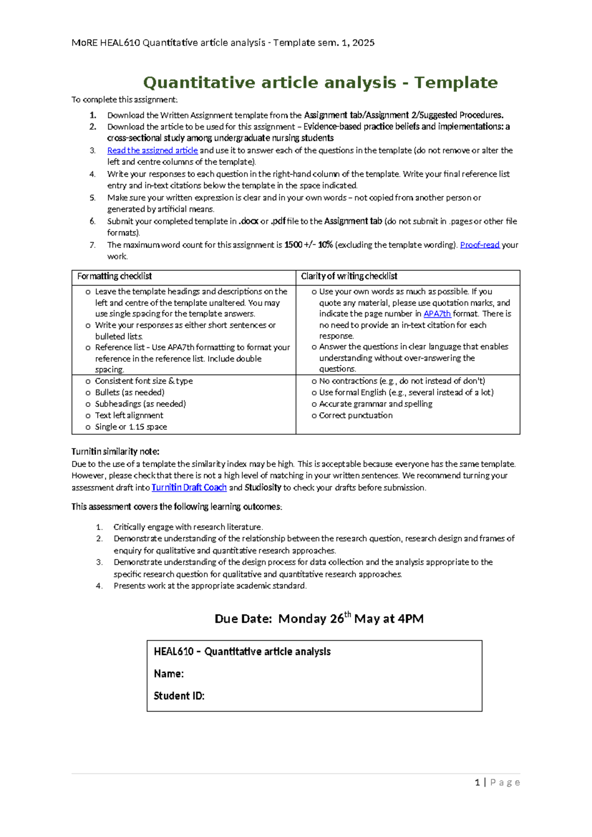 HEAL610 Quantitative Article Analysis Template - Semester 1, 2025 - Studocu