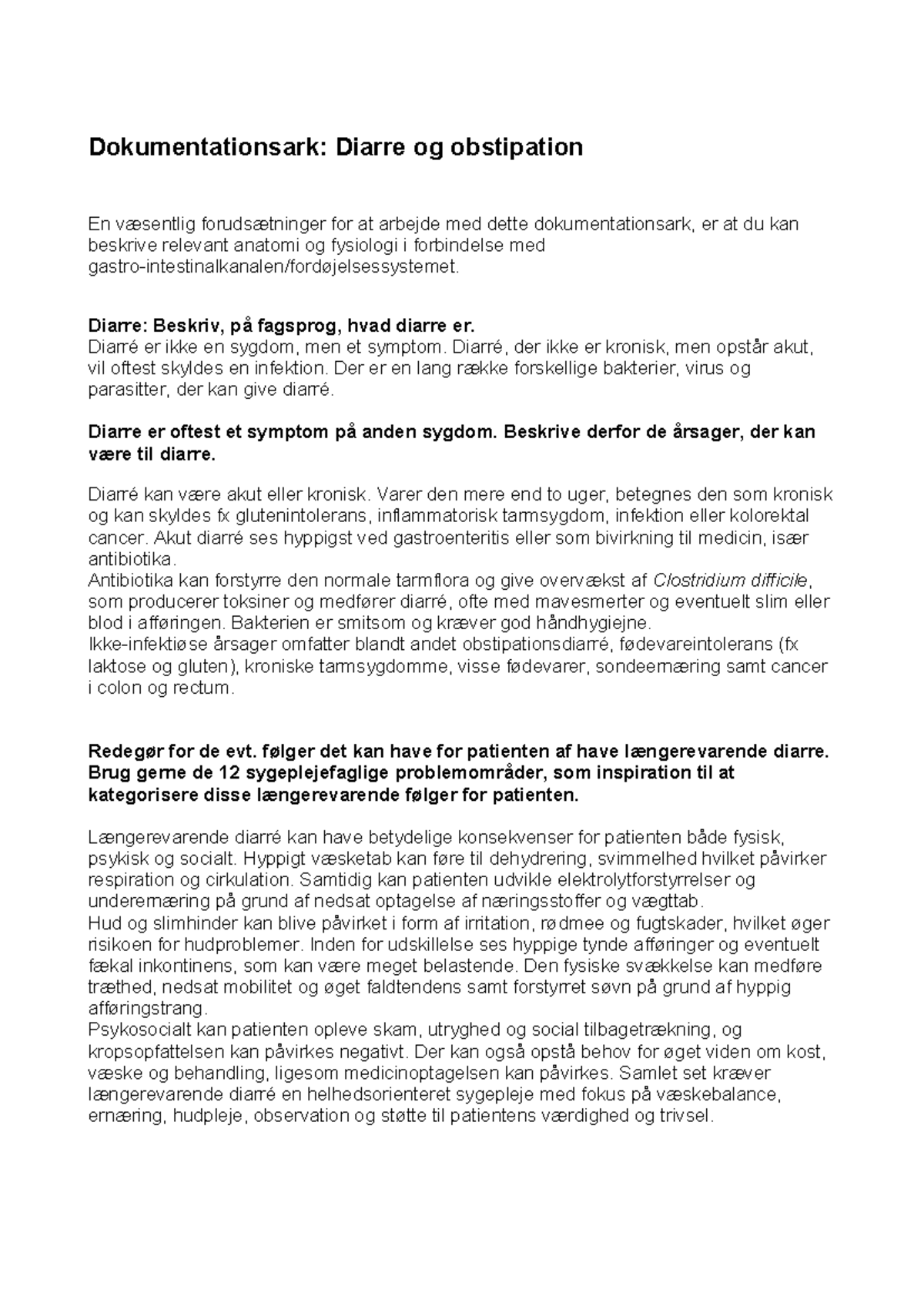 Diarre og Obstipation: Sygeplejehandlinger og Vurdering (SYG123) - Studocu