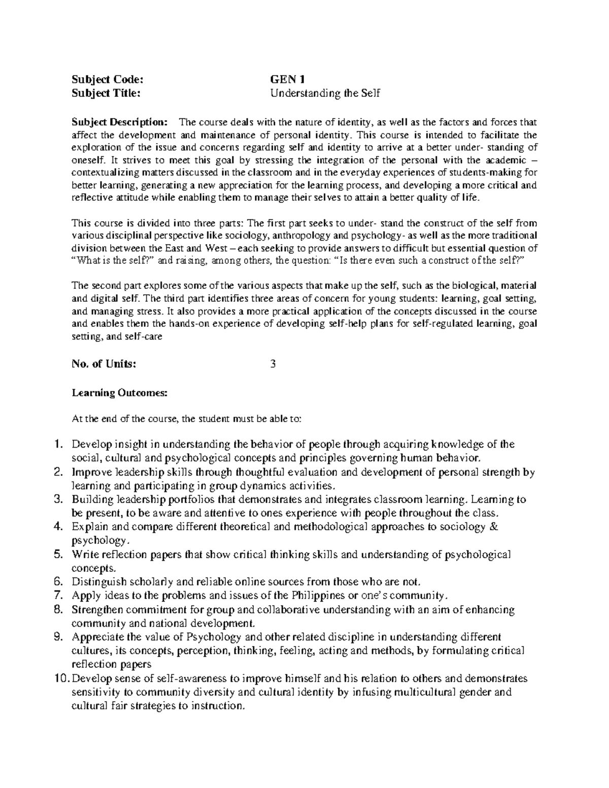 Module 1 2 GEN 1 UTS Prelims - Subject Code: GEN 1 Subject Title: Understanding the Self Subject ...