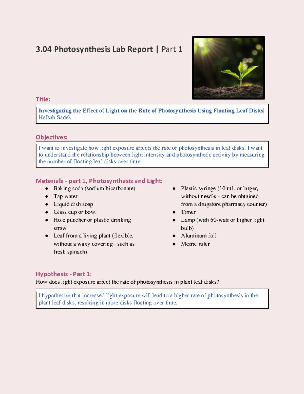 3.04 Photosynthesis Lab Report: Light & pH Effects on Photosynthesis ...