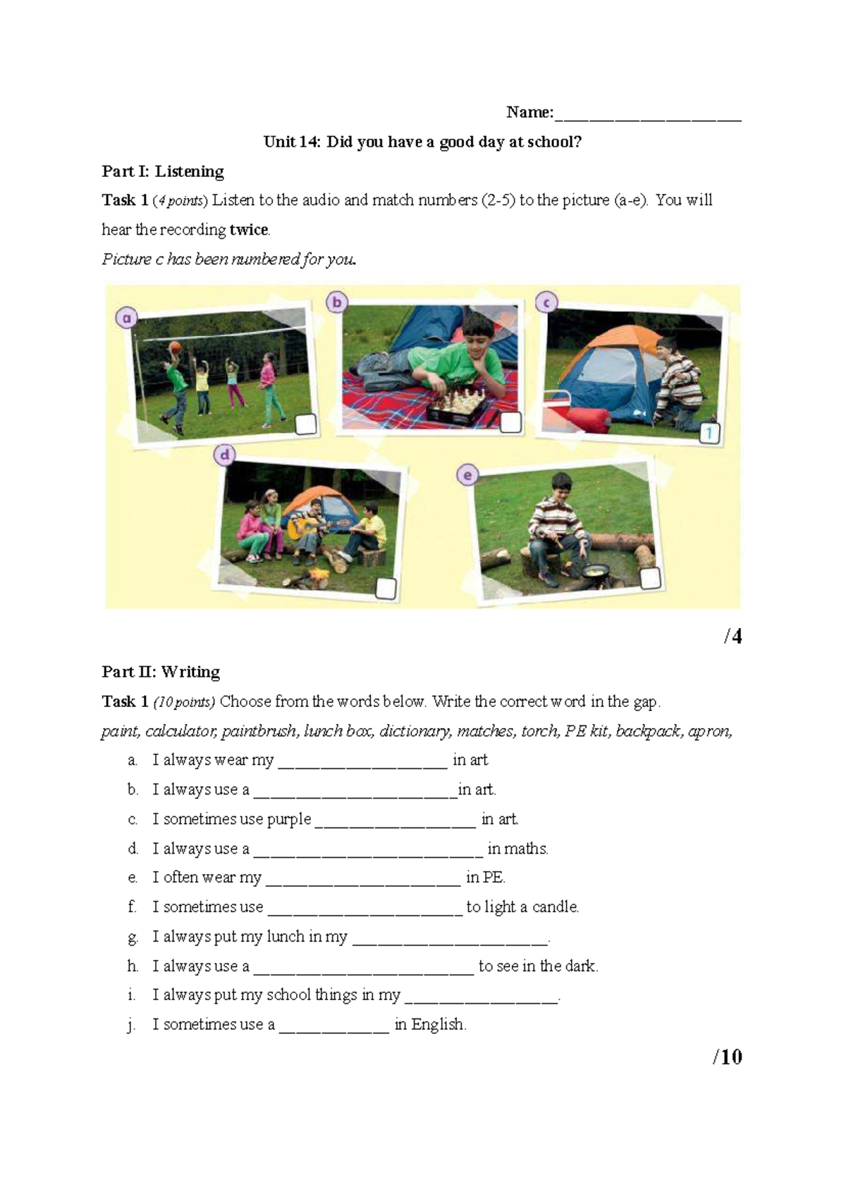 F & F 3 Unit 14: Listening & Writing Tasks Test - Studocu