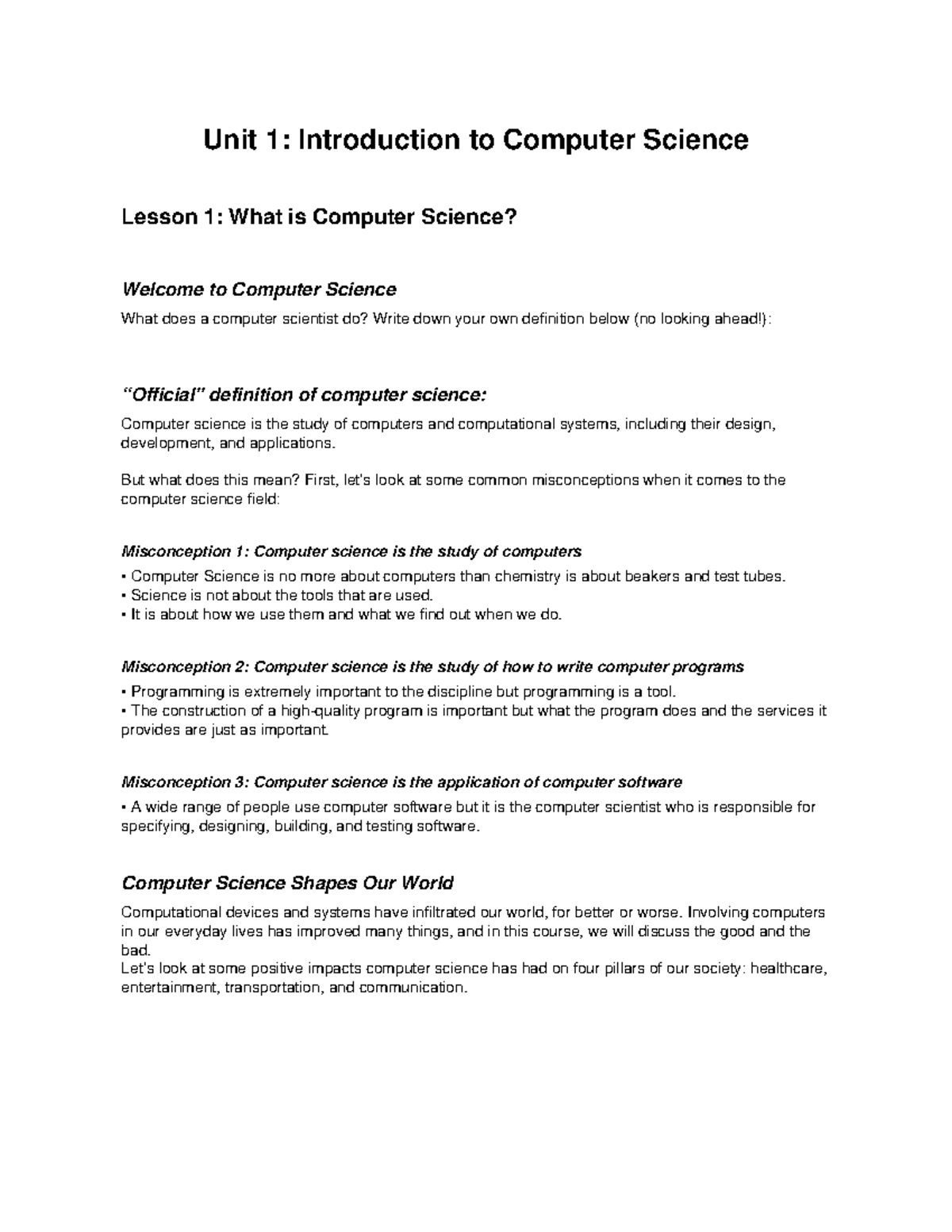 U1LESS 2 Intro to Computer Science: Overview & Key Concepts - Studocu