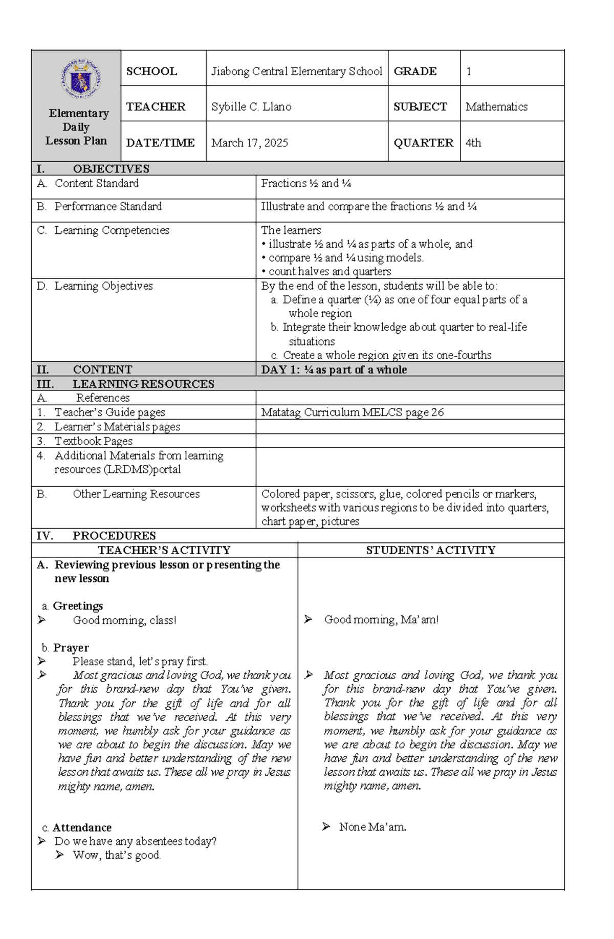 Mathematics Grade 1 Lesson Plan: Understanding One-Fourth - Studocu