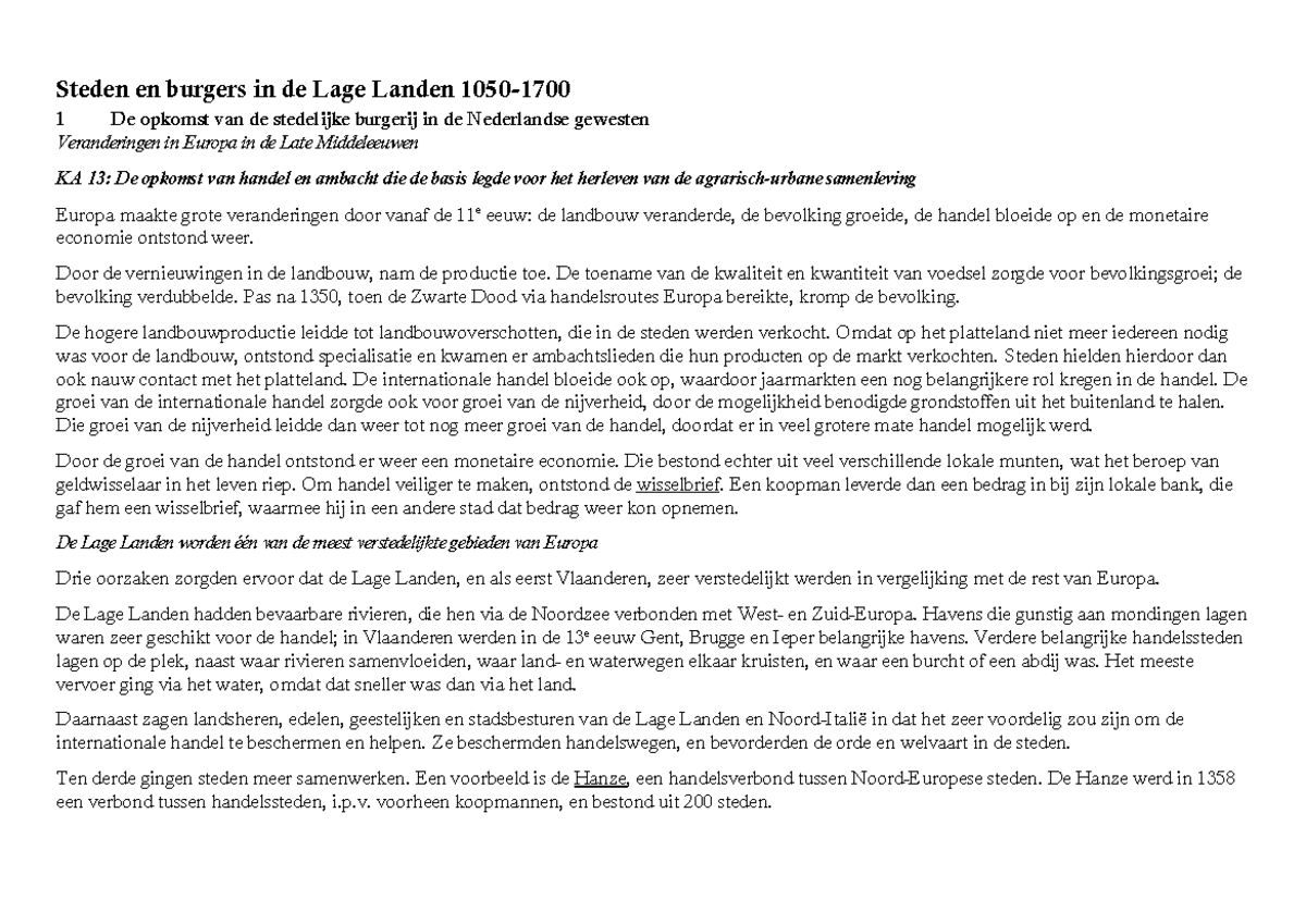 GS Samenvatting HC 1-4: De Opkomst van de Stedelijke Burgerij en ...