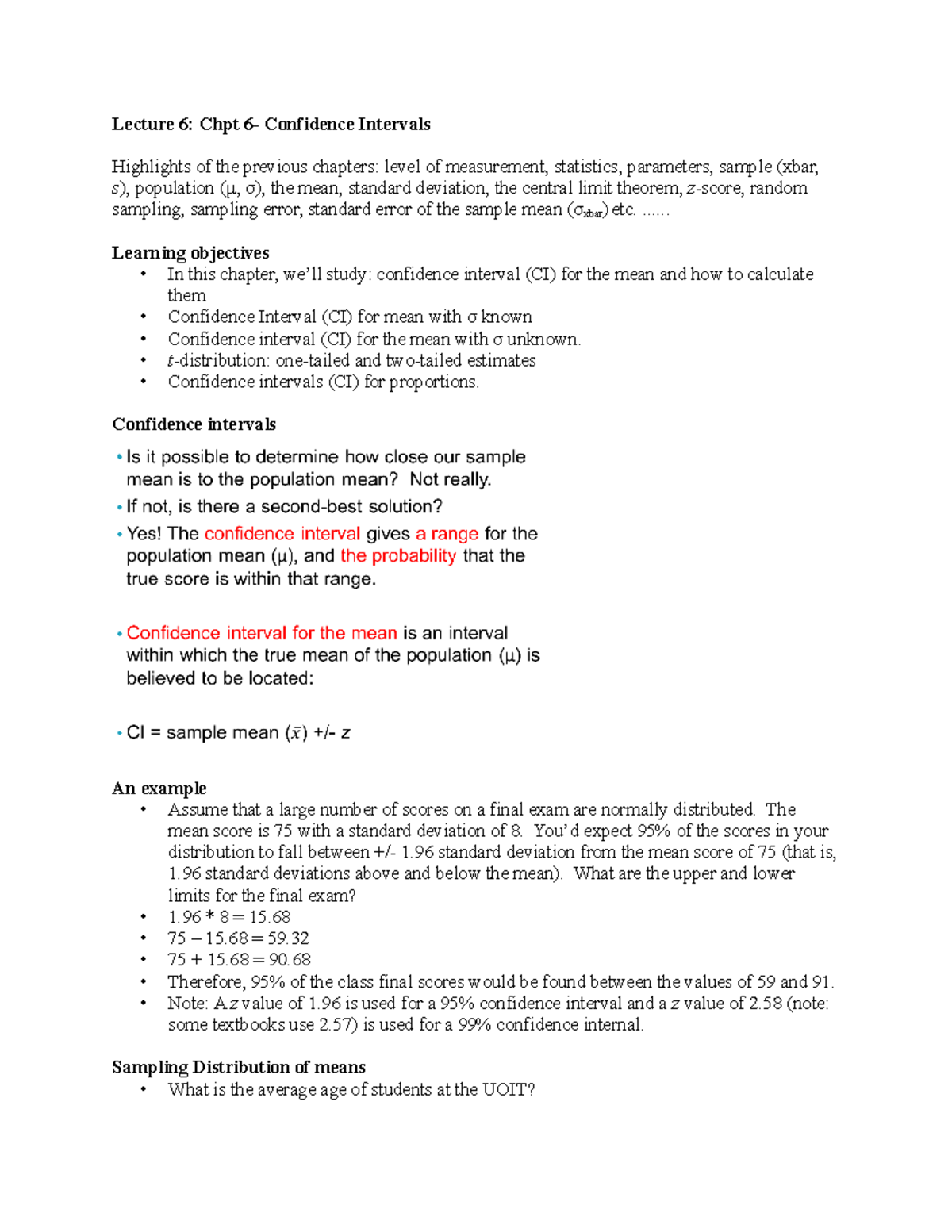 Lecture 6- Confidence intervals - Lecture 6: Chpt 6- Confidence ...