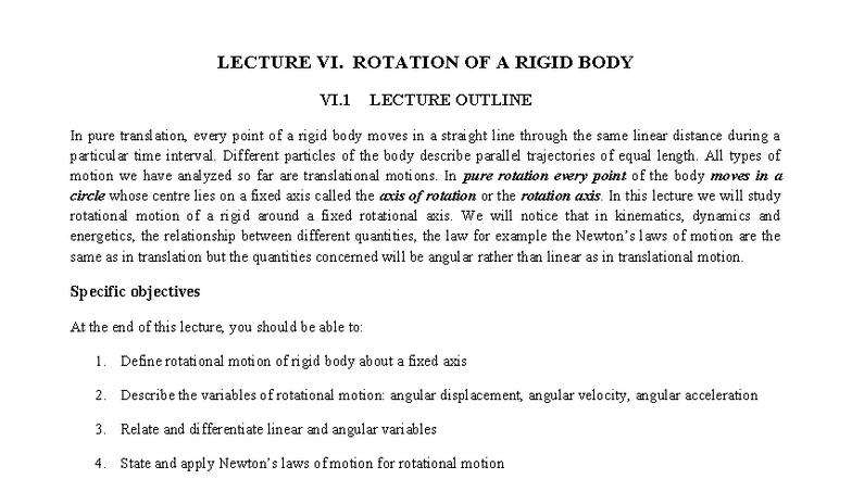 LECTURE V: ROTATION OF A RIGID BODY AROUND A FIXED AXIS - Studocu