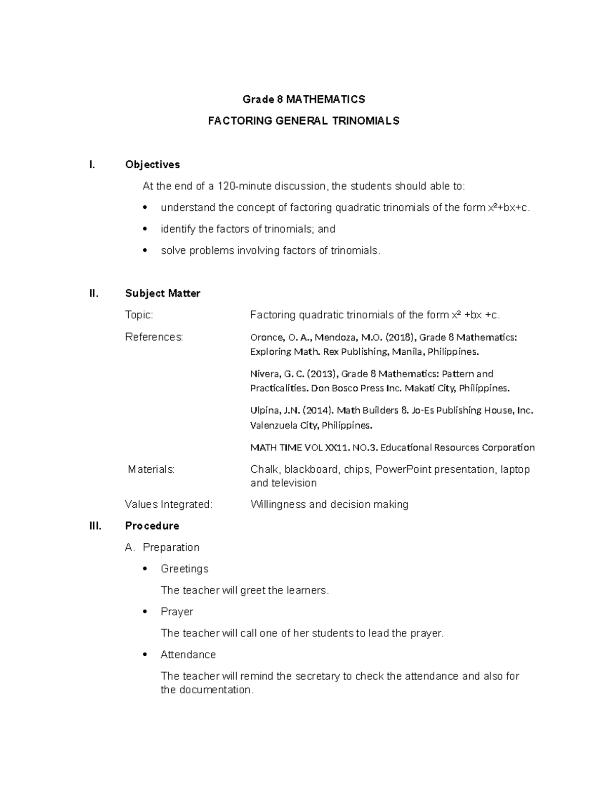 Grade 8 Math: Factoring General Trinomials Lesson Plan - Studocu