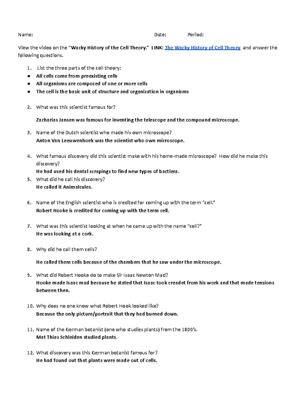 HBIO Wacky History of the Cell Theory 's - = LINK:The Wacky History of ...