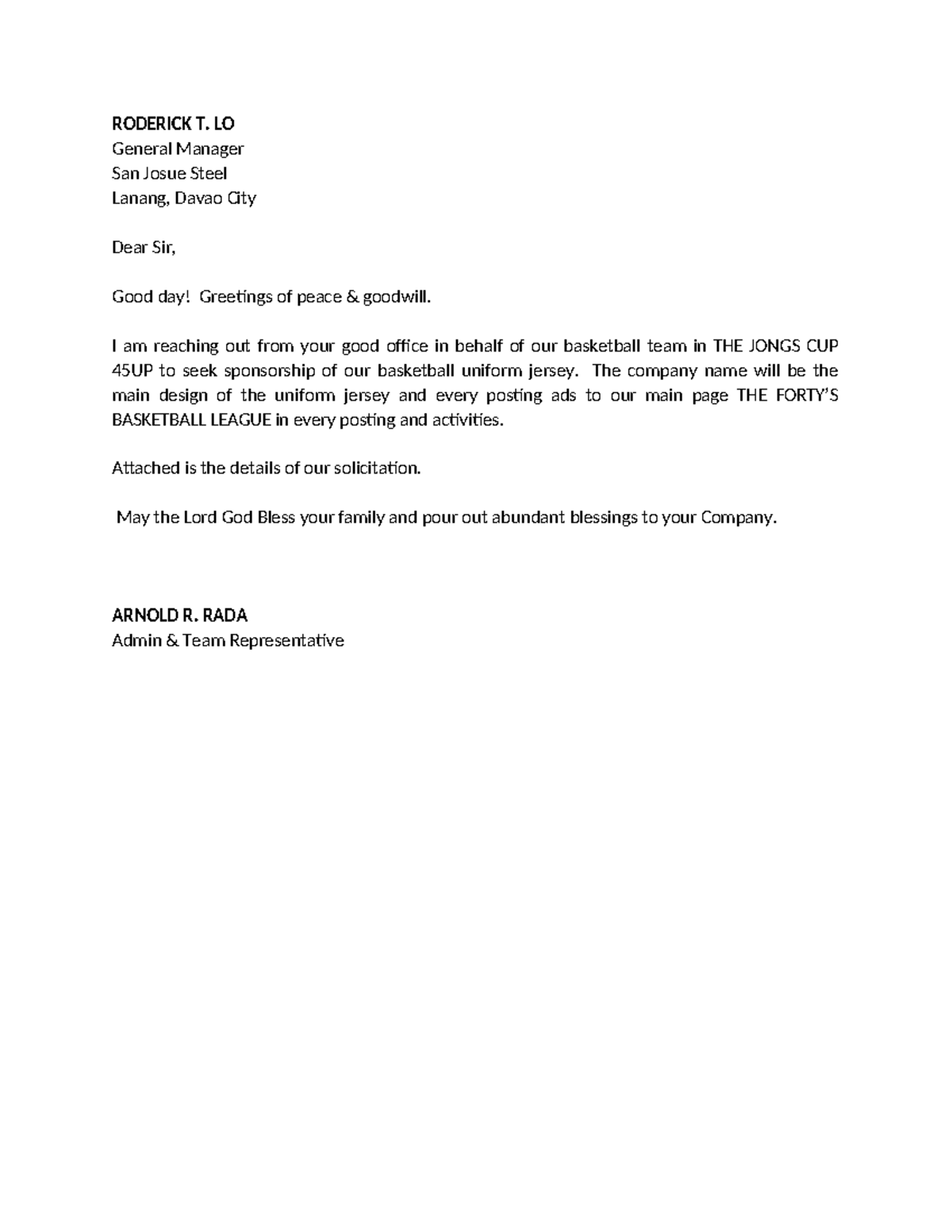 Uniform soli letter - EXAMPLE - RODERICK T. LO General Manager San ...