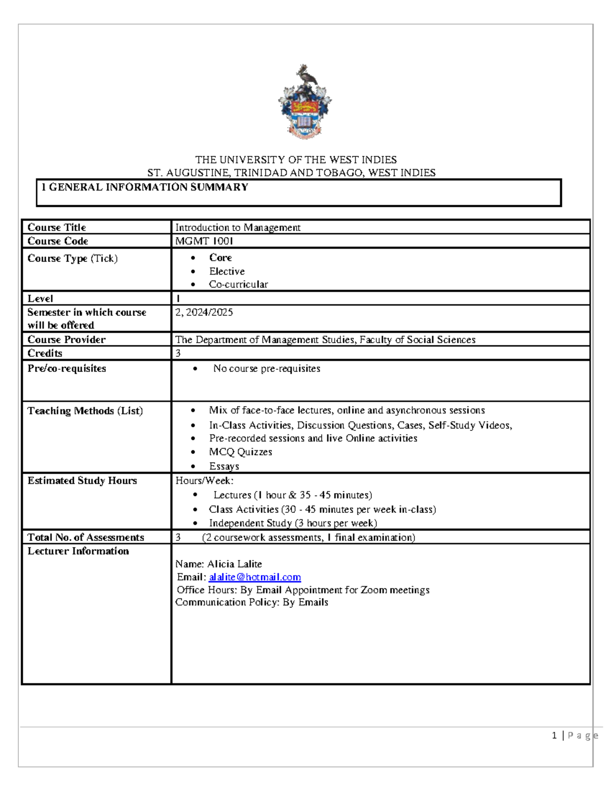 MGMT 1001: Introduction to Management Course Outline 2024 - Studocu