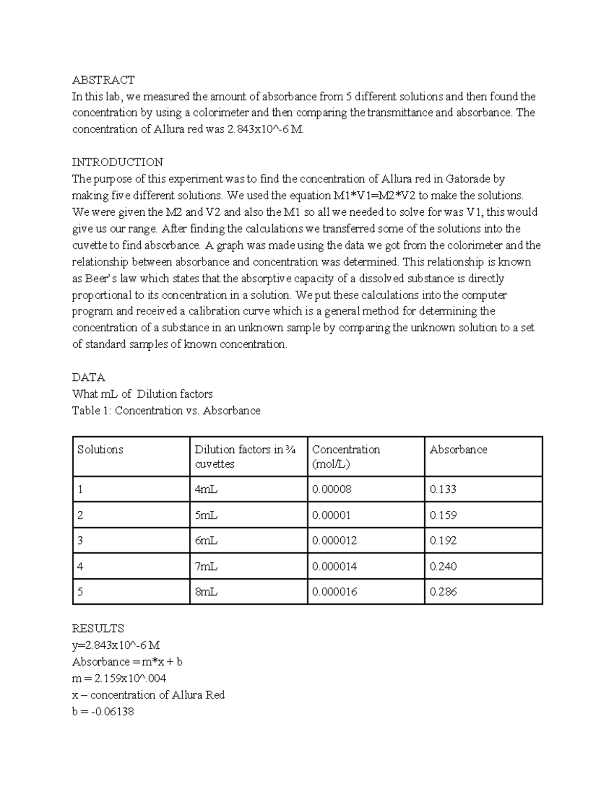 Lab report-Beer Law - ABSTRACT In this lab, we measured the amount of ...
