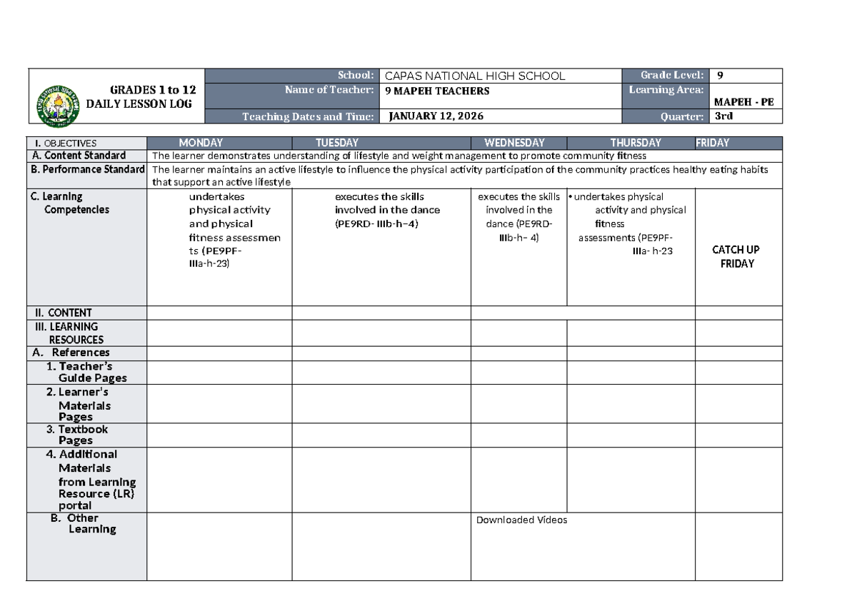 DLL MAPEH PE9 Q3 W5: Daily Lesson Log for Festival Dancing - Studocu