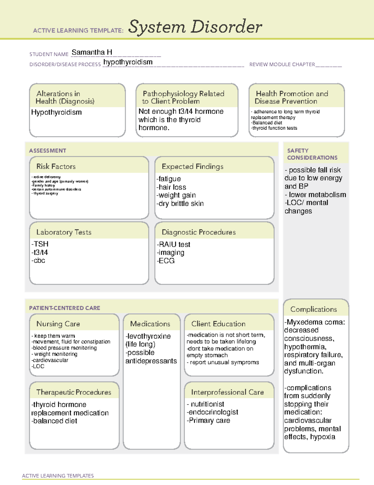 System Disorder Sheet hypothyroidism - ACTIVE LEARNING TEMPLATES System ...
