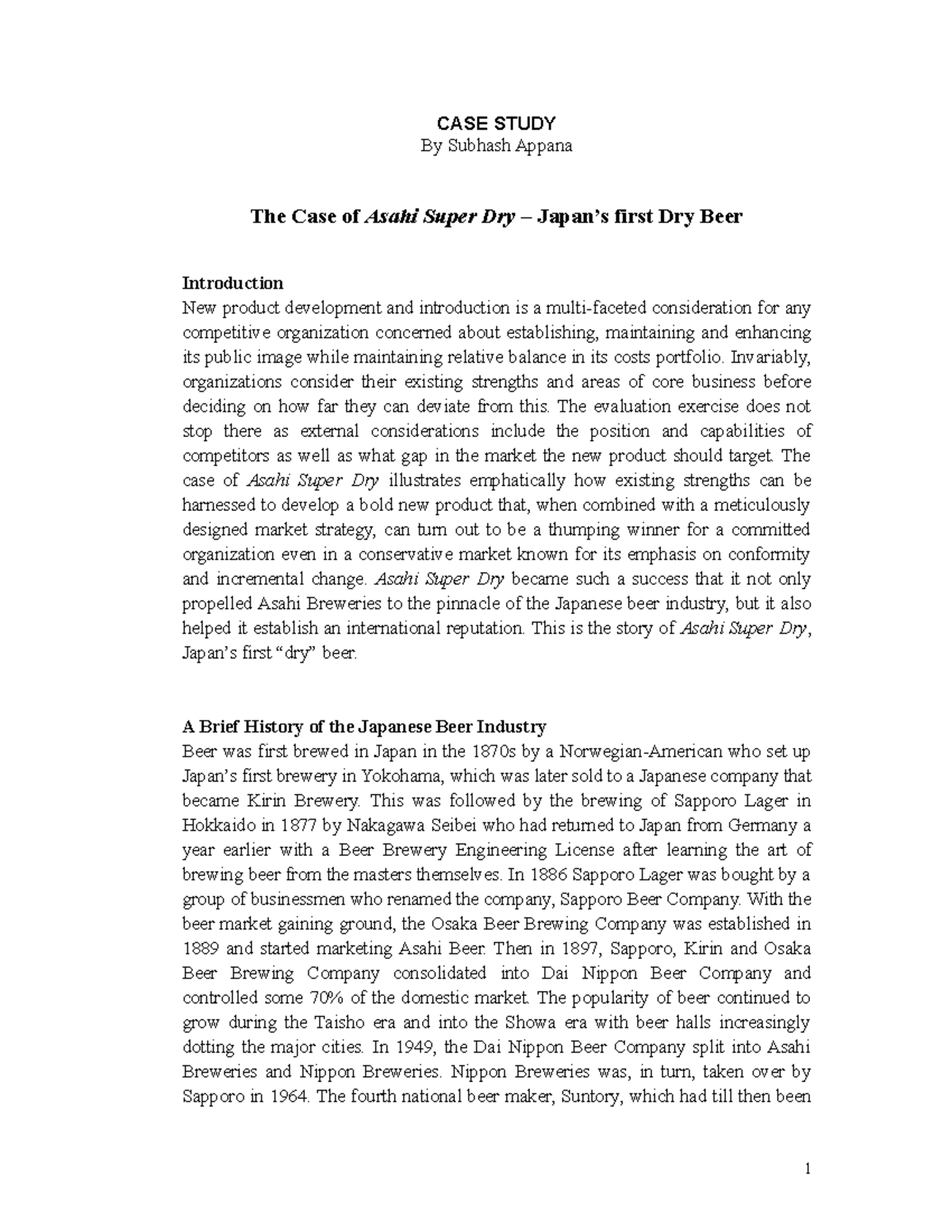 Asahi Super Dry CS - Case Study on Diversification Strategies - Studocu