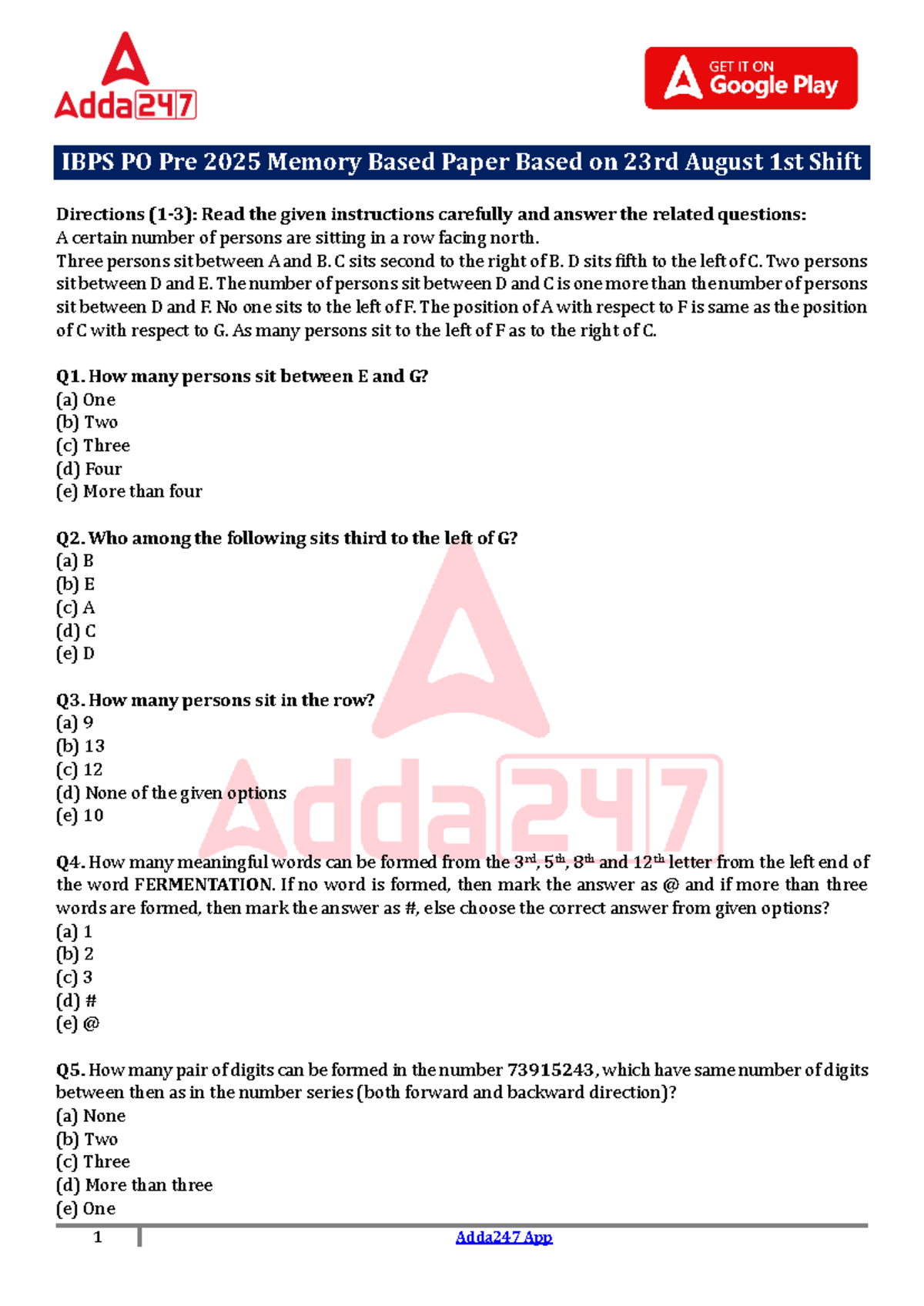 IBPS PO Pre 2025 Memory Based Question Paper - 23rd August 1st Shift ...