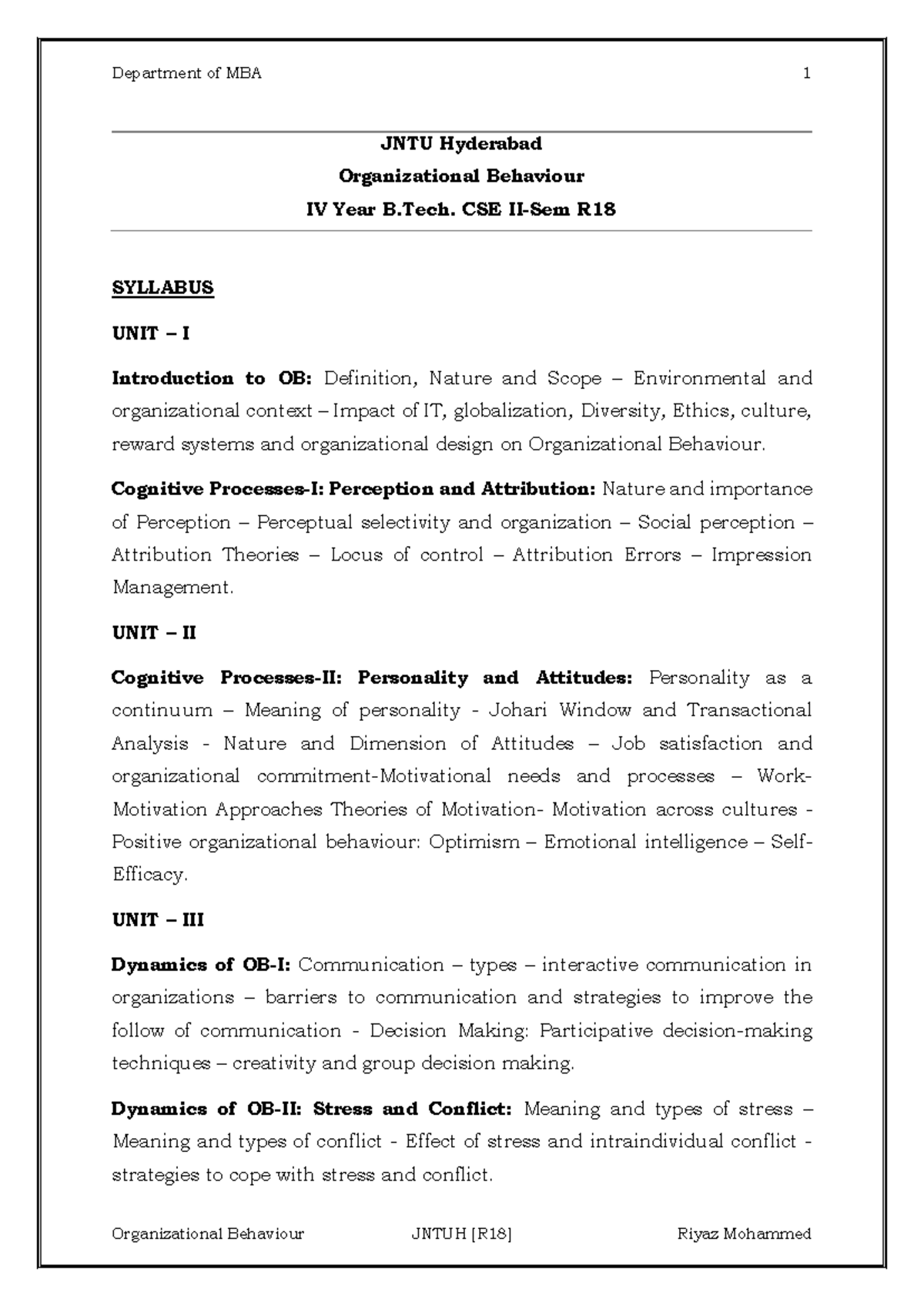Organizational Behaviour: Syllabus Overview for JNTUH R18 CSE IV Year ...