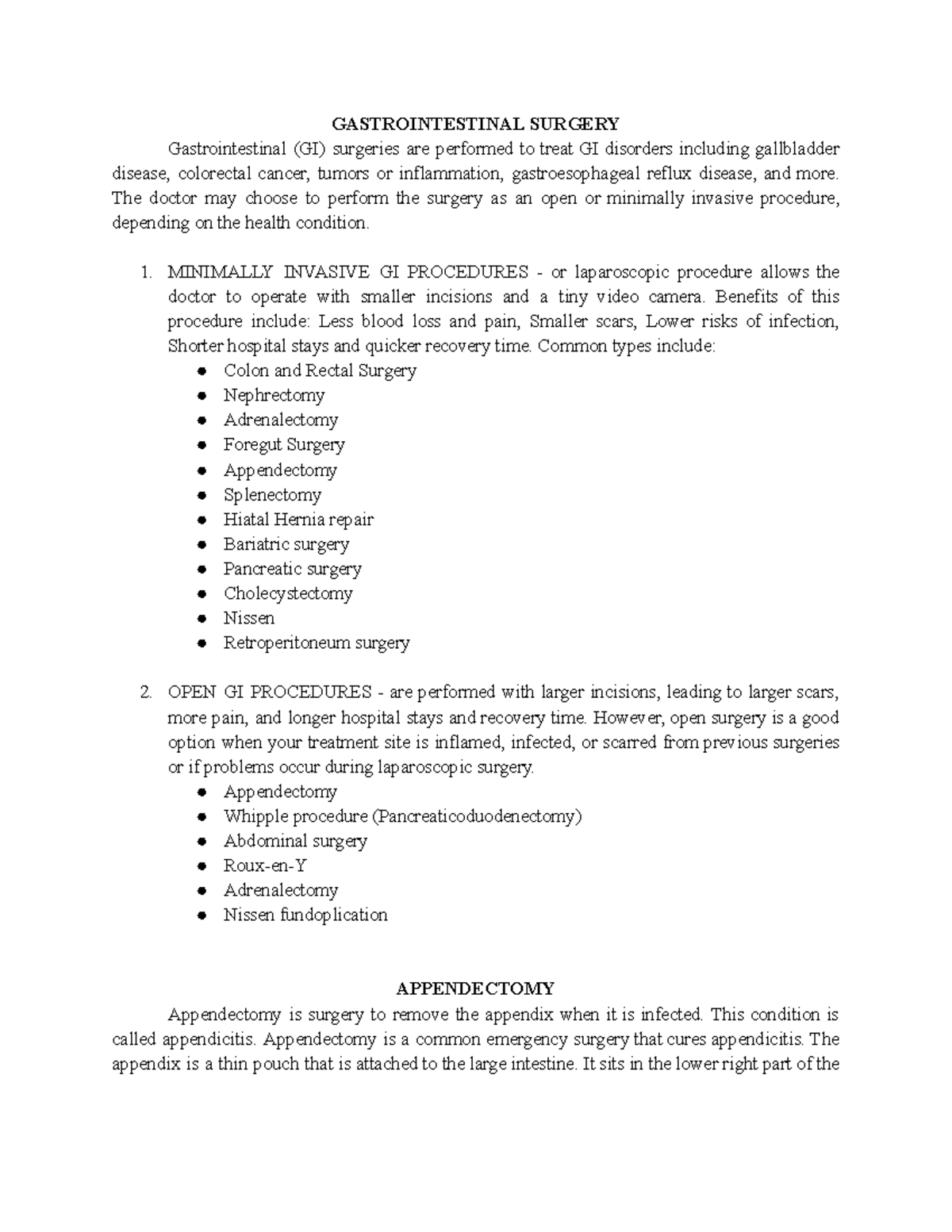 GASTROINTESTINAL SURGERY: Overview of Procedures & Appendectomy - Studocu